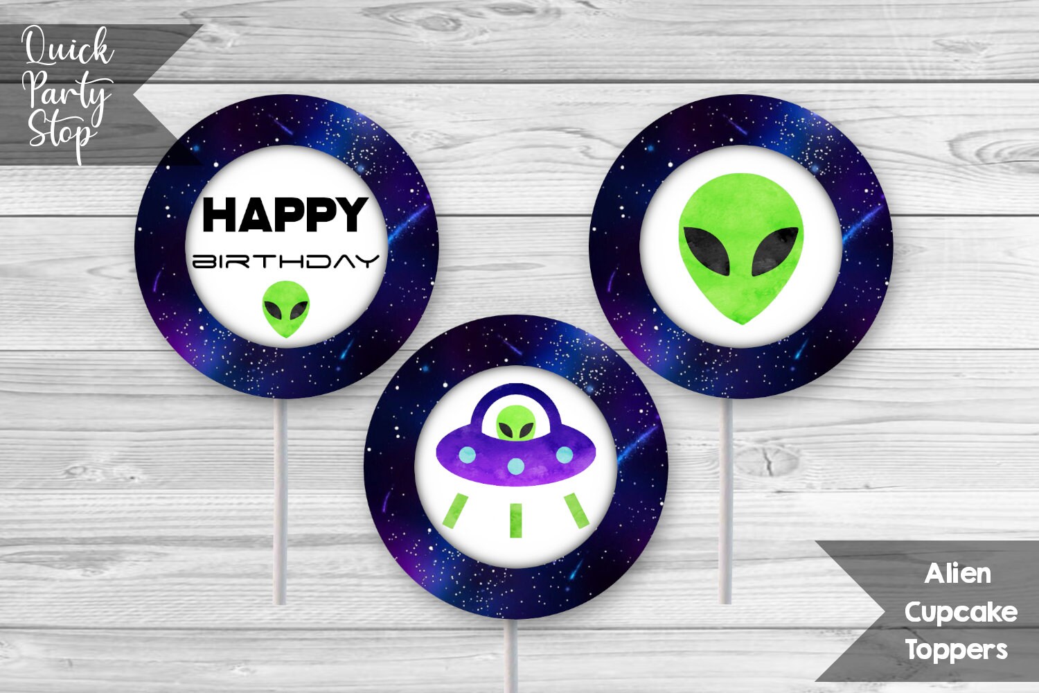 Alien Birthday Cupcake Toppers, Outer Space Printable 2 Inch Cupcake ...
