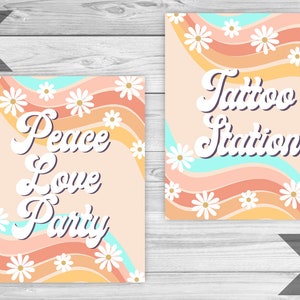 6 Groovy Birthday Signs, Hippie Party Signs, Tattoo Station Sign, Food ...