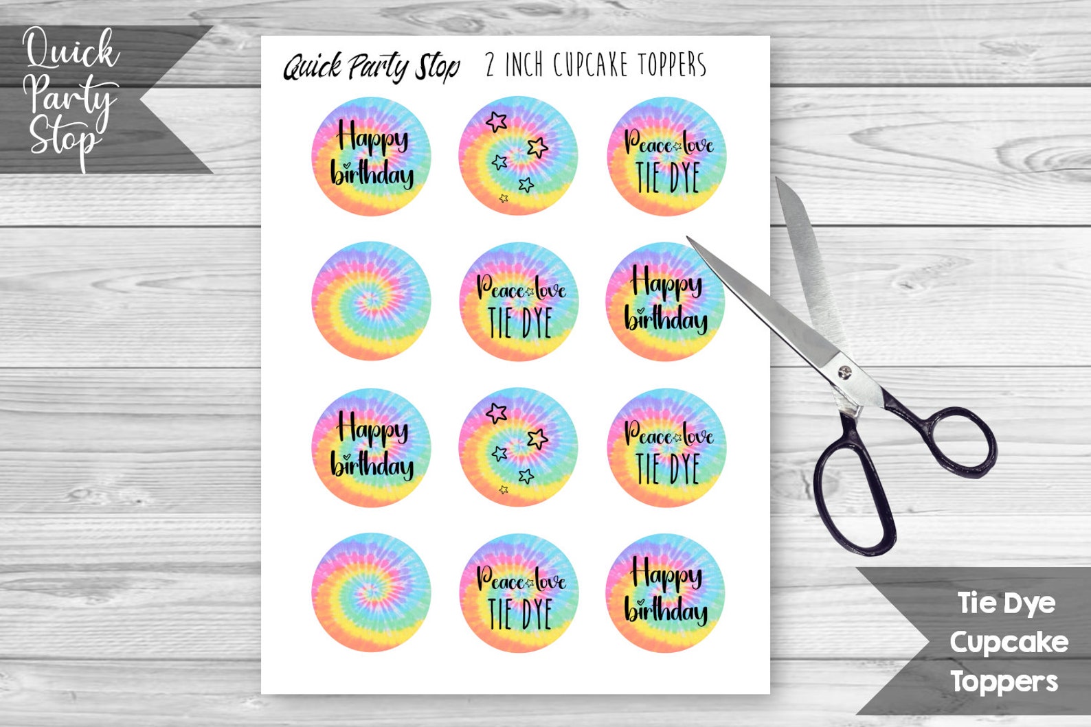 Tie Dye Birthday Cupcake Toppers, Tie Dye Printable 2 Inch Cupcake ...