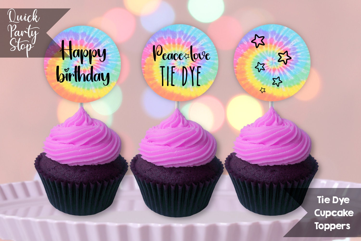 Tie Dye Birthday Cupcake Toppers, Tie Dye Printable 2 Inch Cupcake ...