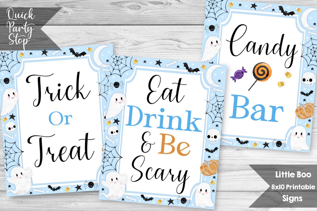 6 Little Boo Baby Shower Signs, Blue Halloween Party Signs, Trick or ...