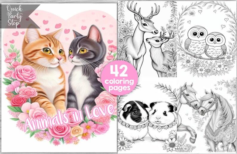 Cute Animals in Love Coloring Pages, Instant Download Printable ...
