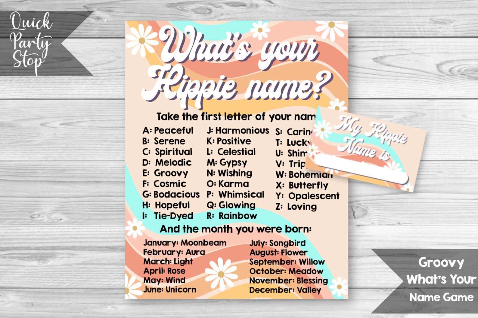 Hippie Name Game, Groovy Birthday Party, Printable Game Sheet, What's ...