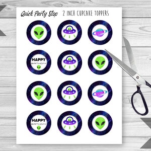 Alien Birthday Cupcake Toppers, Outer Space Printable 2 Inch Cupcake ...