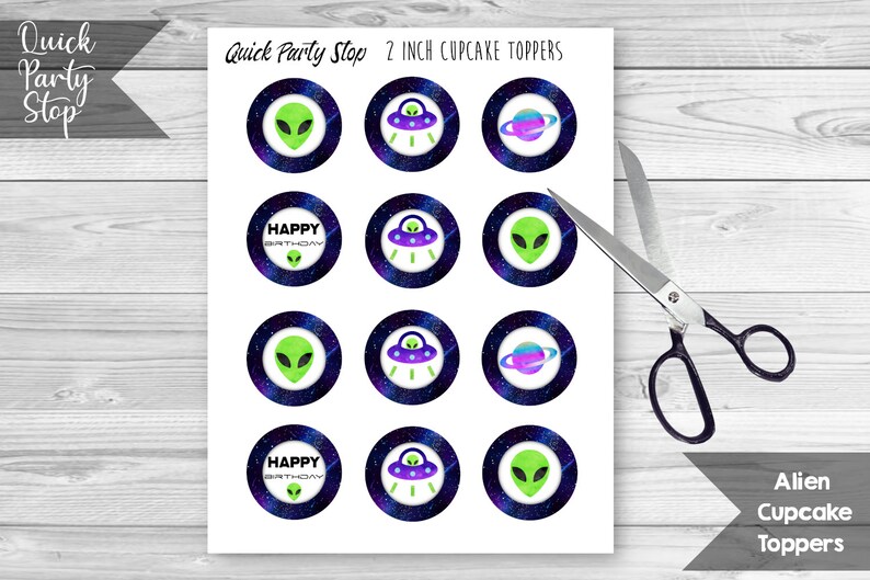 Alien Birthday Cupcake Toppers, Outer Space Printable 2 Inch Cupcake ...