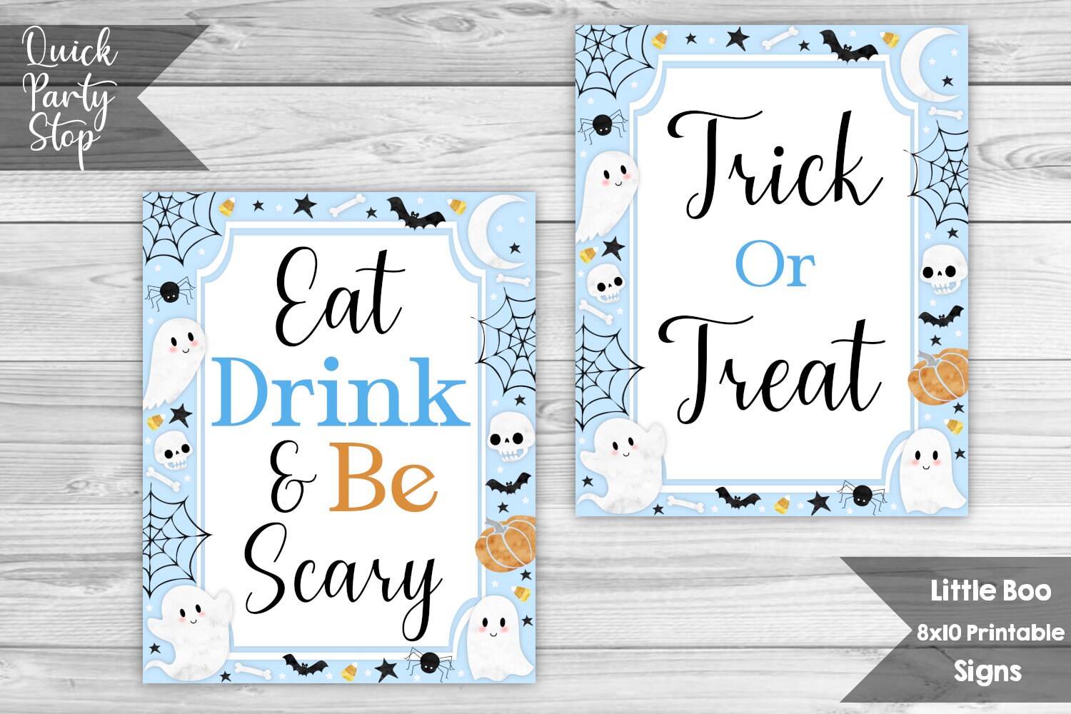 6 Little Boo Baby Shower Signs, Blue Halloween Party Signs, Trick or ...