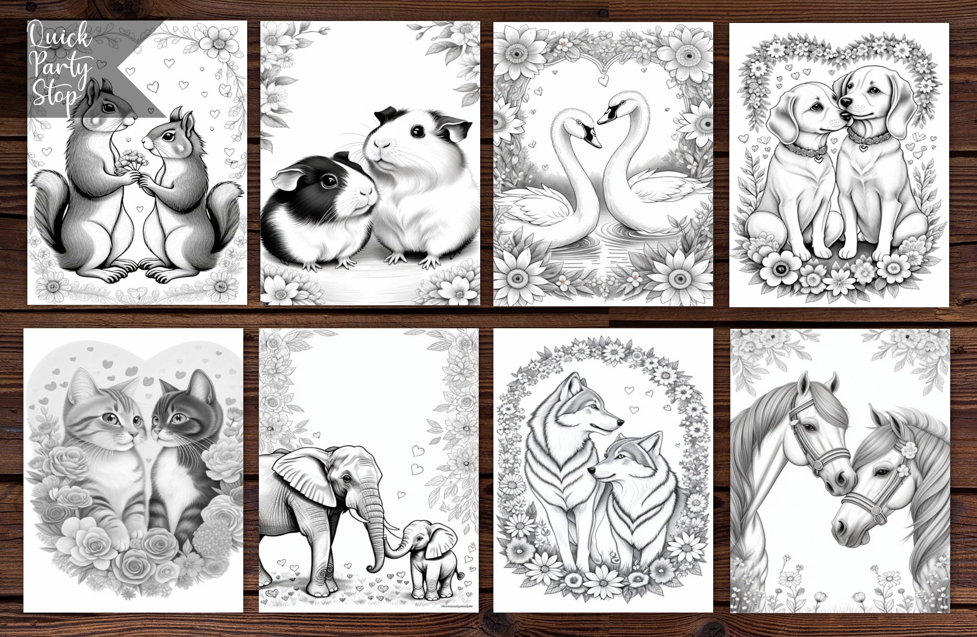 Cute Animals in Love Coloring Pages, Instant Download Printable ...