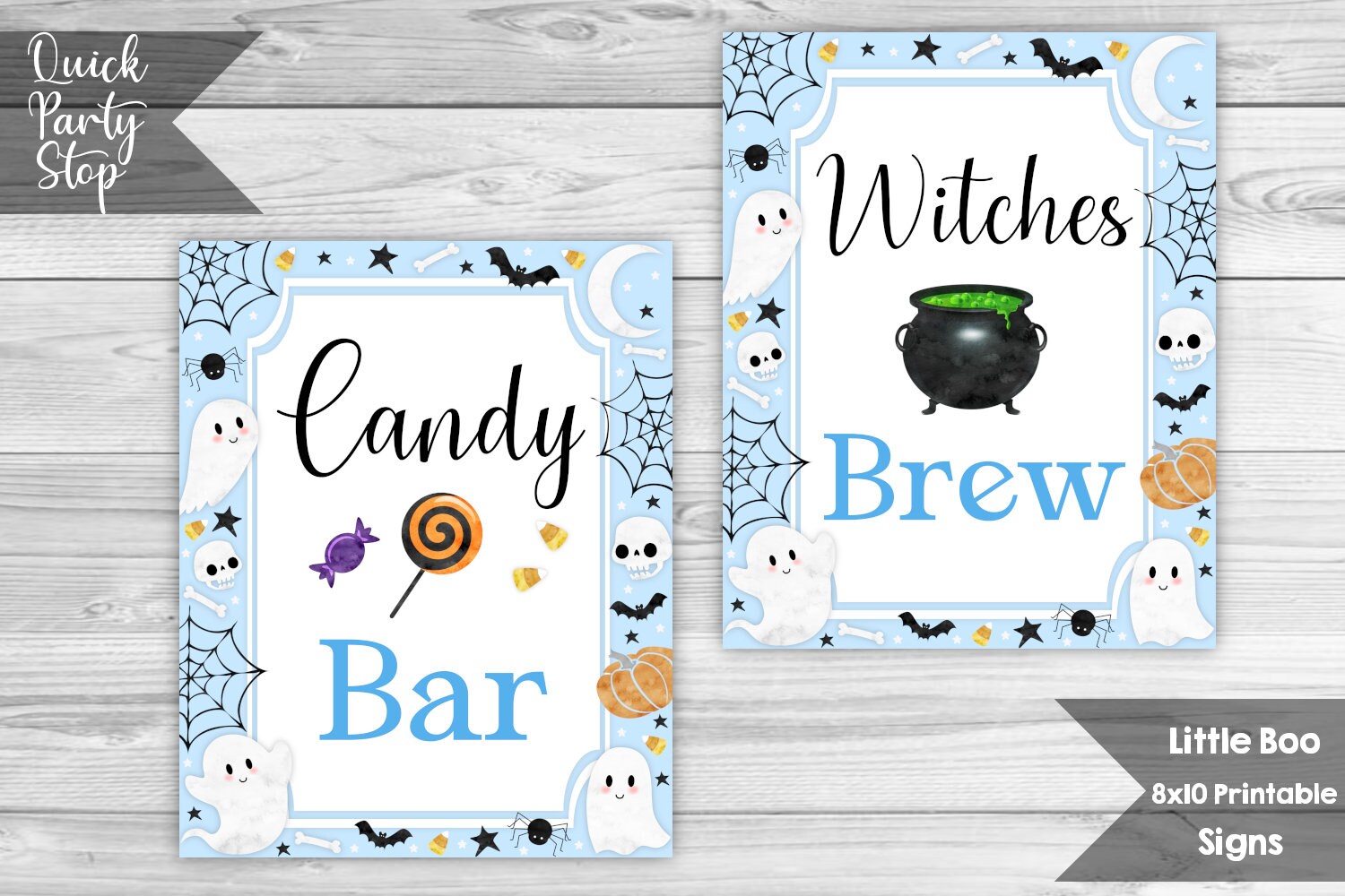 6 Little Boo Baby Shower Signs, Blue Halloween Party Signs, Trick or ...