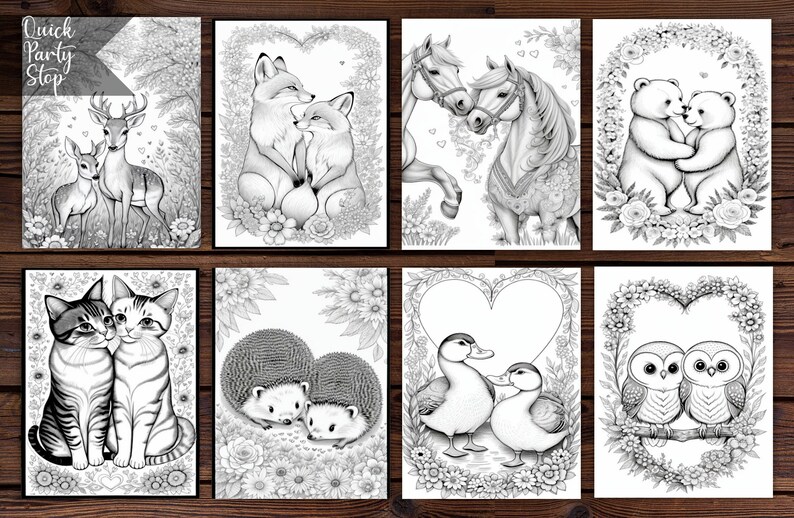 Cute Animals in Love Coloring Pages, Instant Download Printable ...