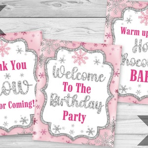 6 Snowflake Birthday Signs, Winter Party Signs, Welcome to the Birthday ...