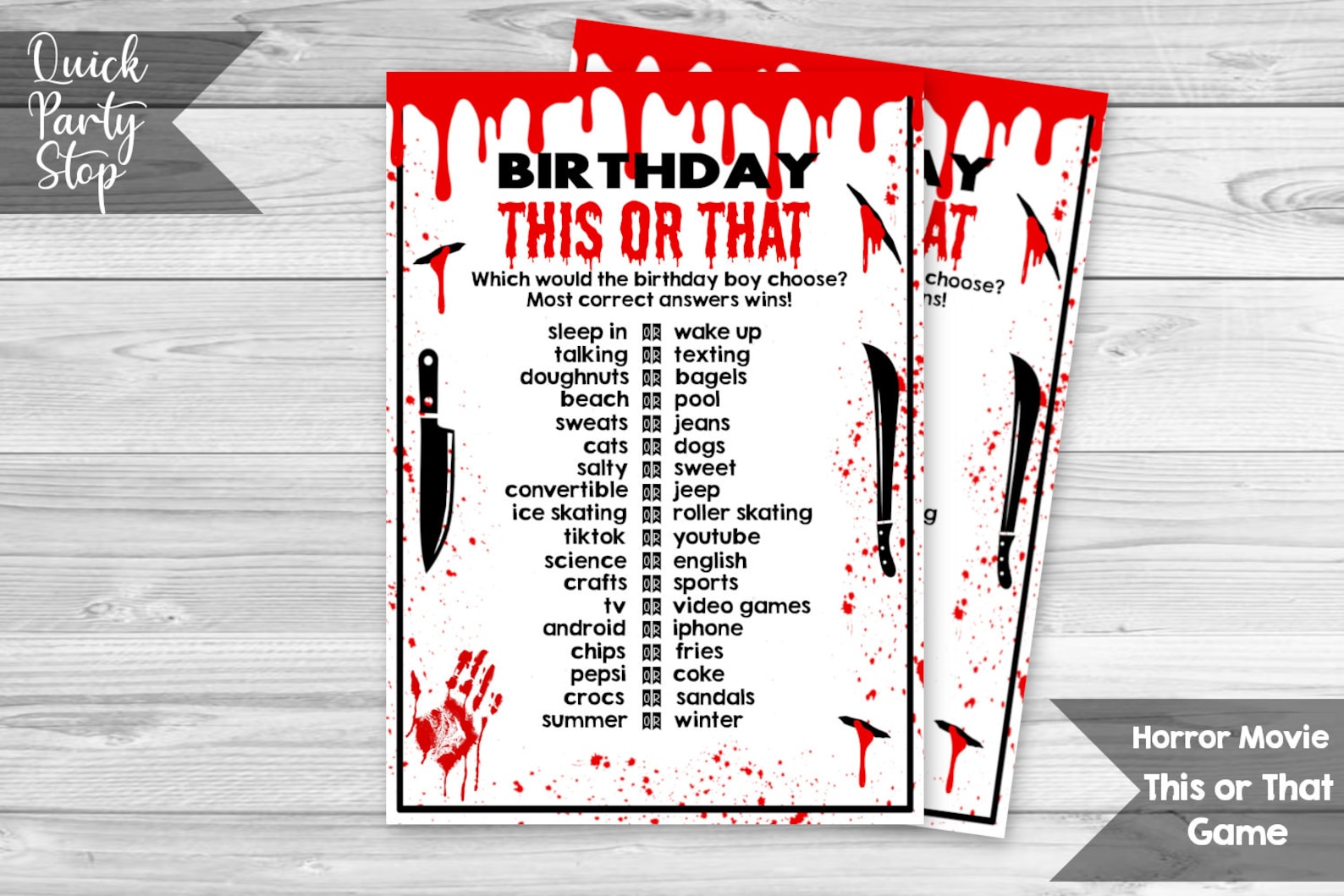 Horror Movie This or That Game, Scary Movie Birthday Party, Printable ...