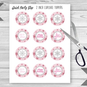 Pink Snowflake Cupcake Toppers, Printable 2 Inch Cupcake Toppers ...