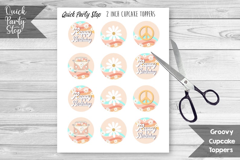 Groovy Birthday Cupcake Toppers, Hippie Printable 2 Inch Cupcake ...