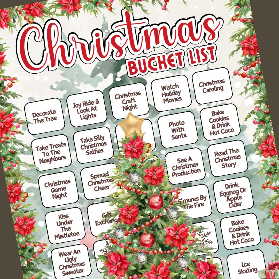Christmas Poinsettia Tree Bucket List Physical Print Holiday Activity ...