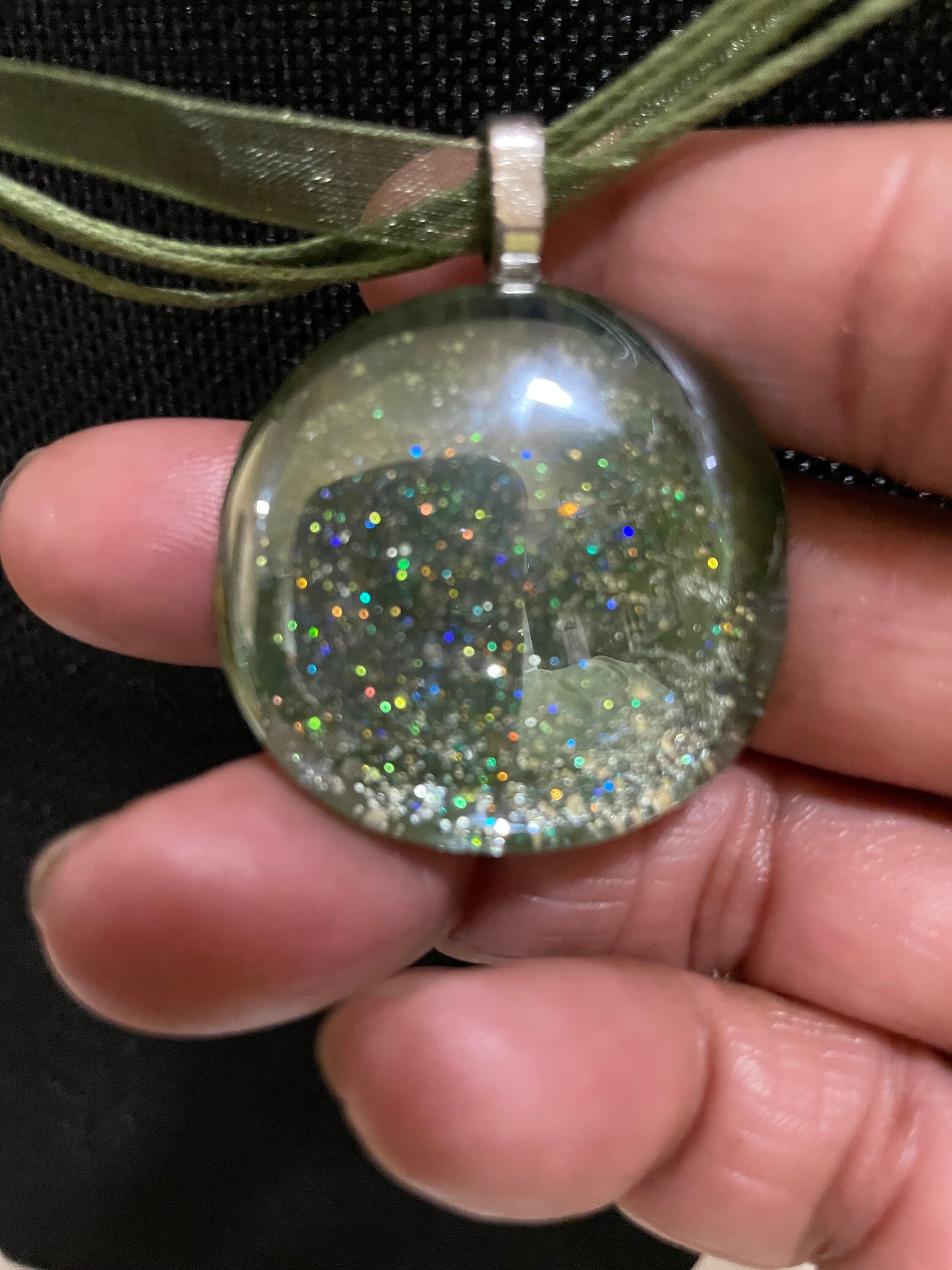 Iridescent, Glitter, Green Glass Rock Necklace, Painted Jewelry ...