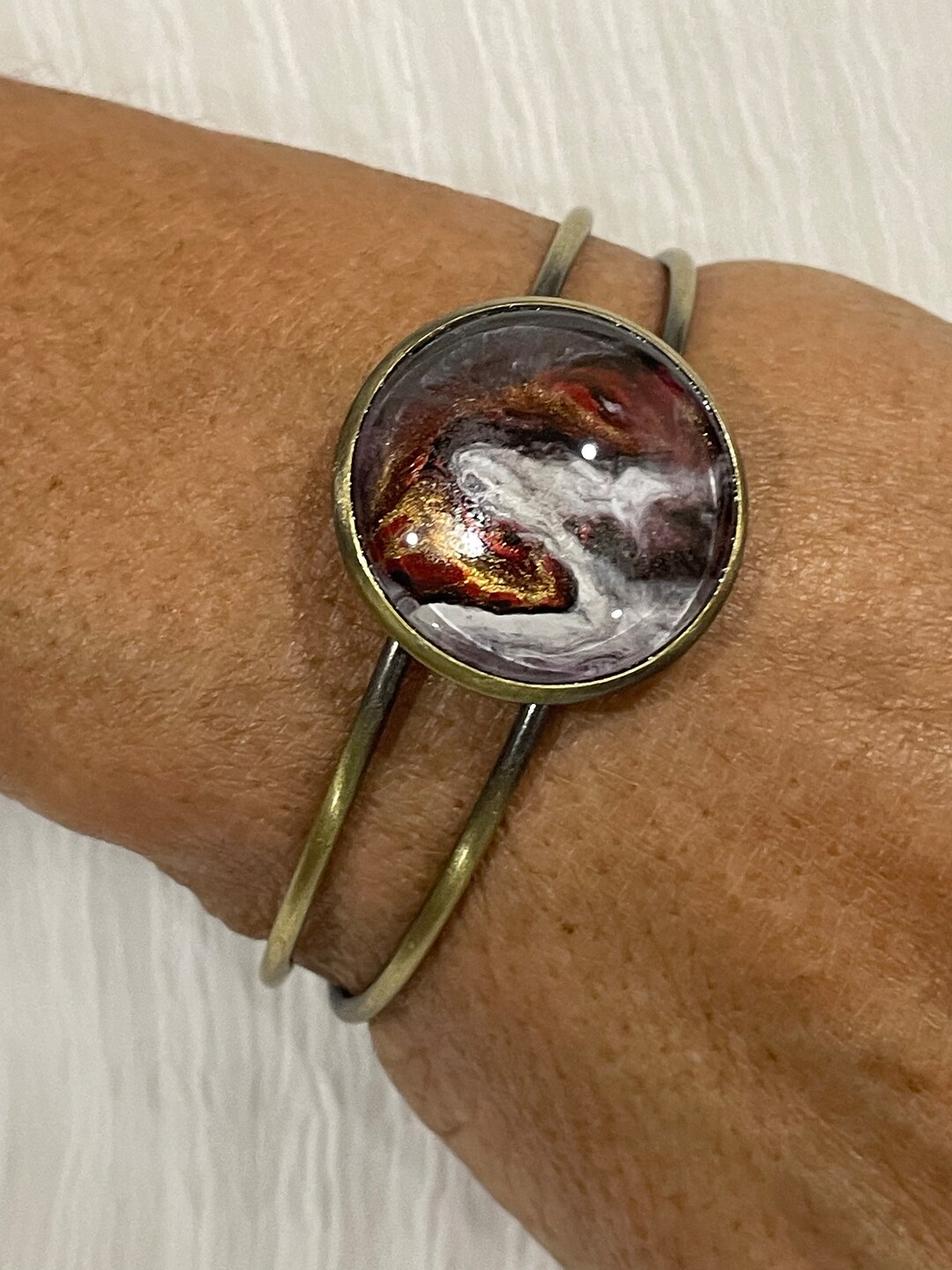 Cuff Bracelet, Red Metallic Gold Bracelet, Bracelet, Paint Pour ...