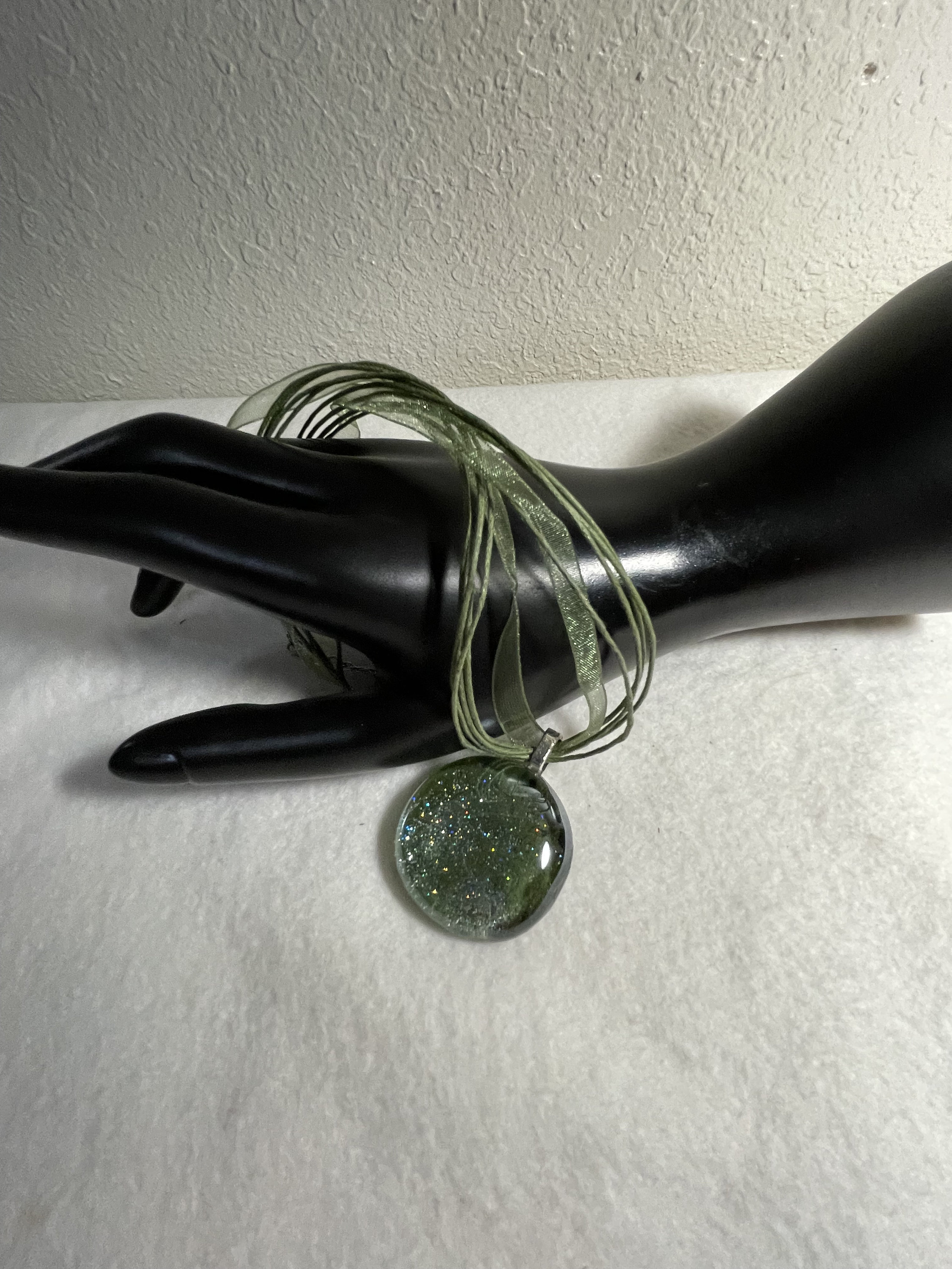 Iridescent, Glitter, Green Glass Rock Necklace, Painted Jewelry ...