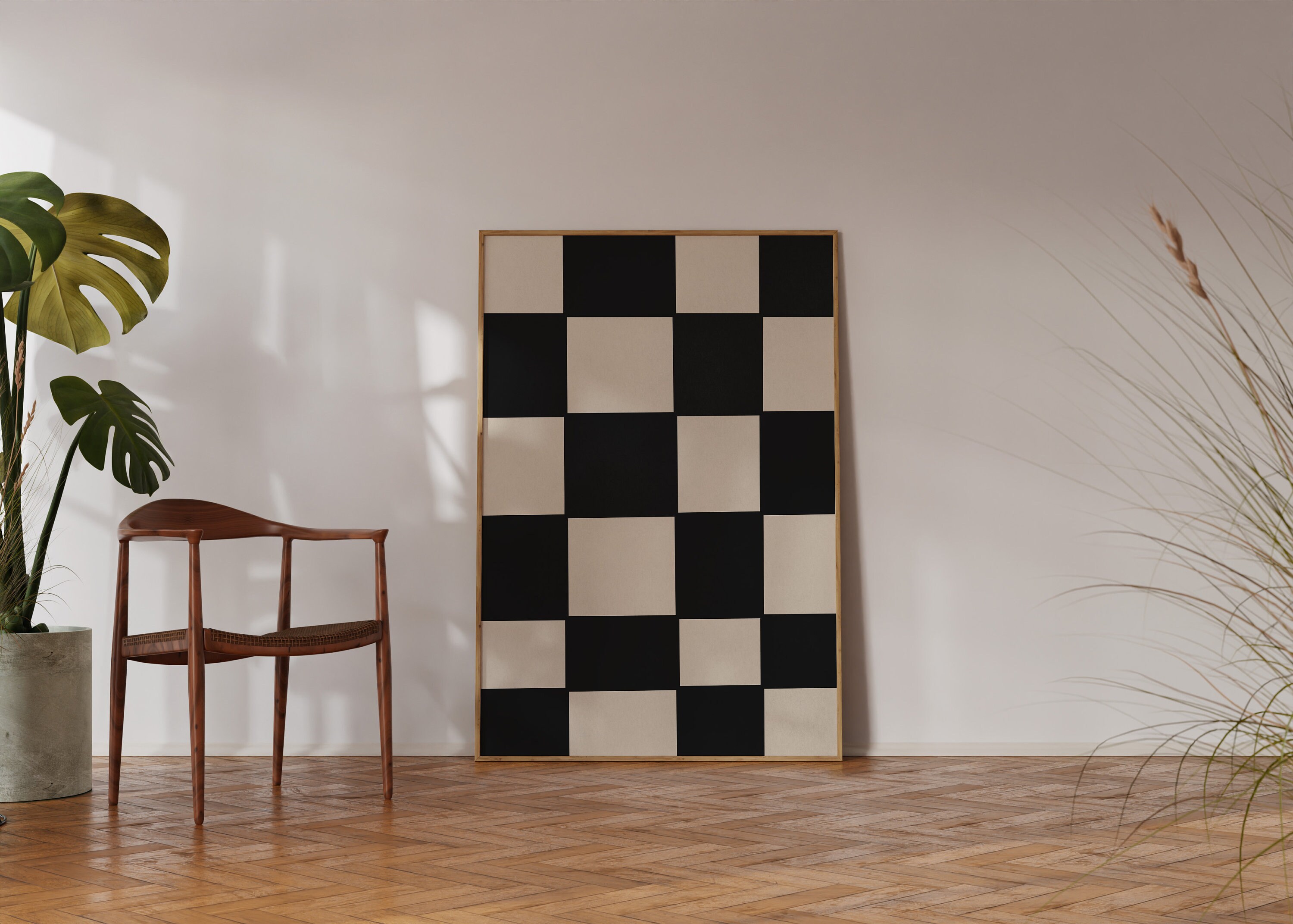 Checkered Art Print, Minimalist Black and Beige Poster (digital ...