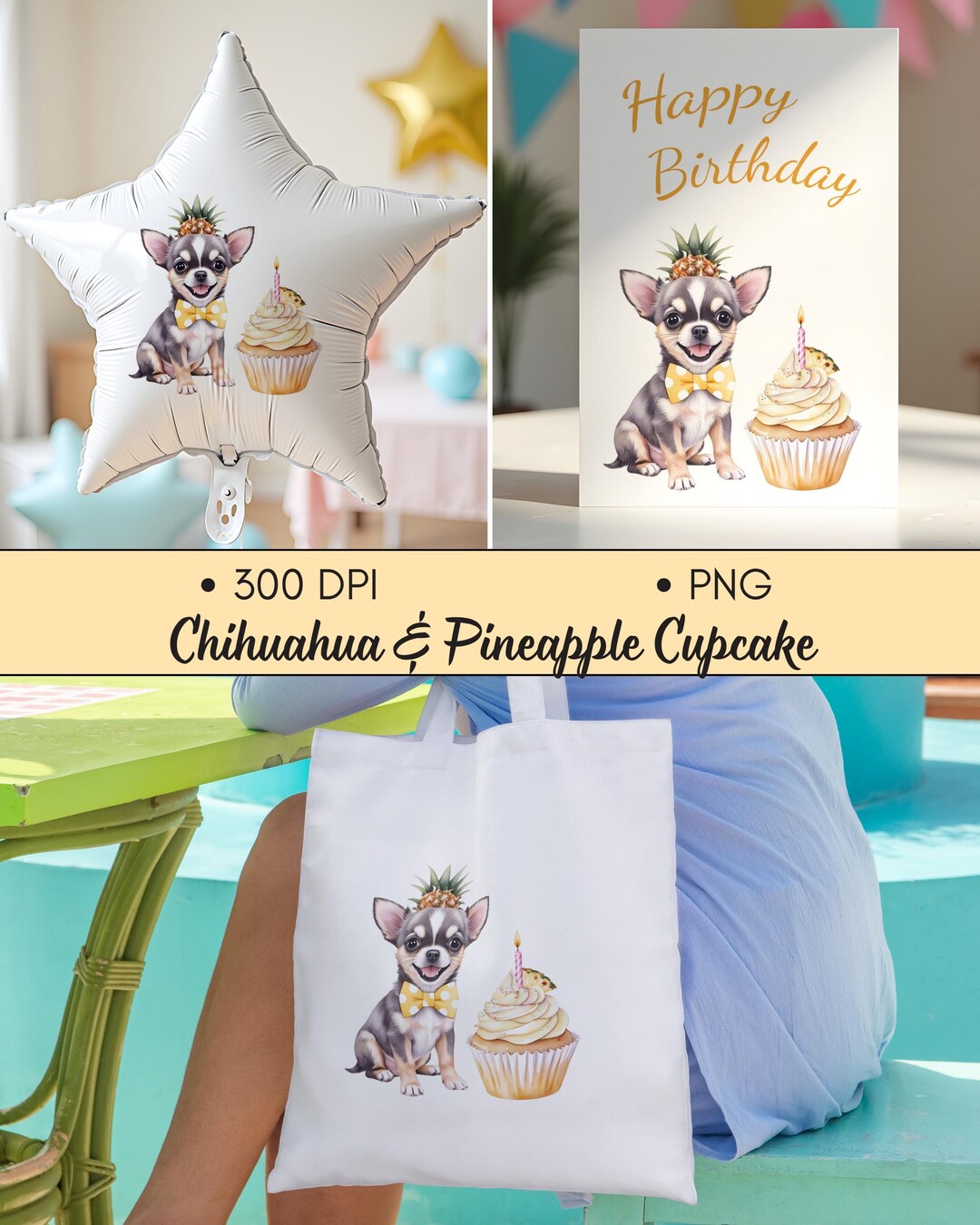 Chihuahua Birthday PNG, Adorable Puppy With Pineapple Cupcake Printable ...