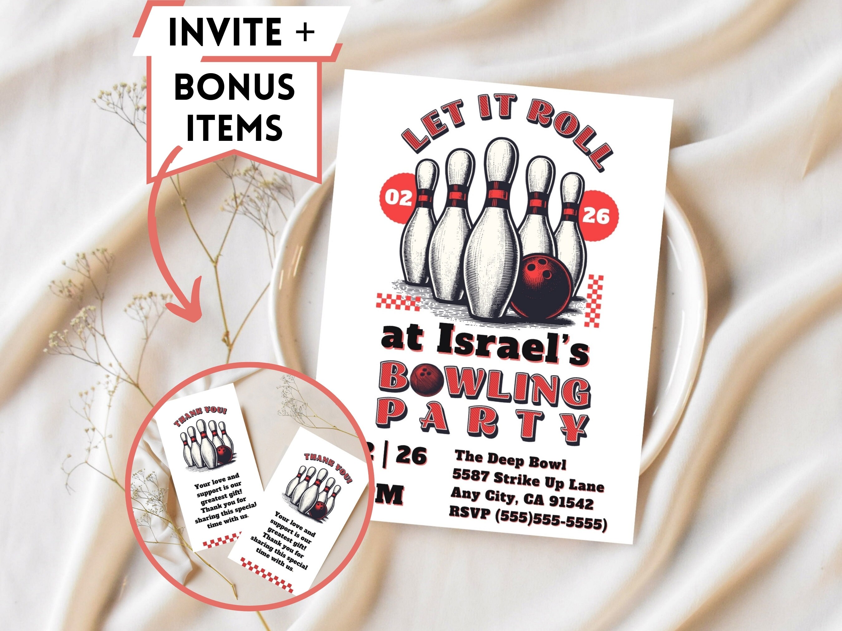 Editable Bowling Party Canva Template Printable Matching Cupcake ...