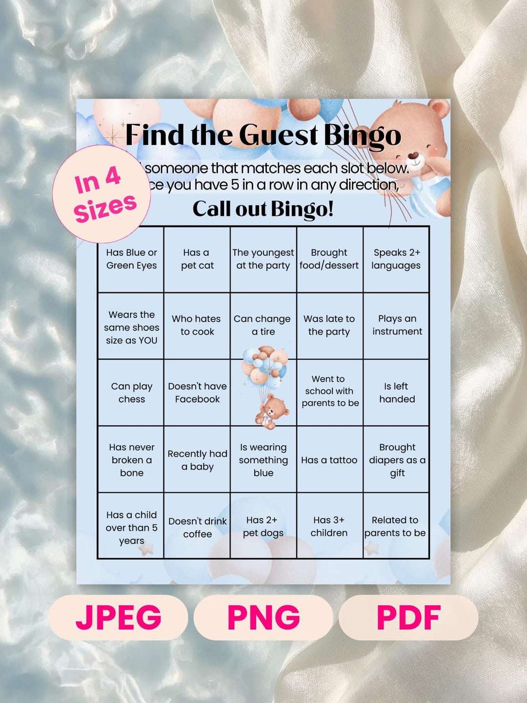 Teddy Bear Baby Shower Bingo Printable Find the Guest Bingo Game Baby ...