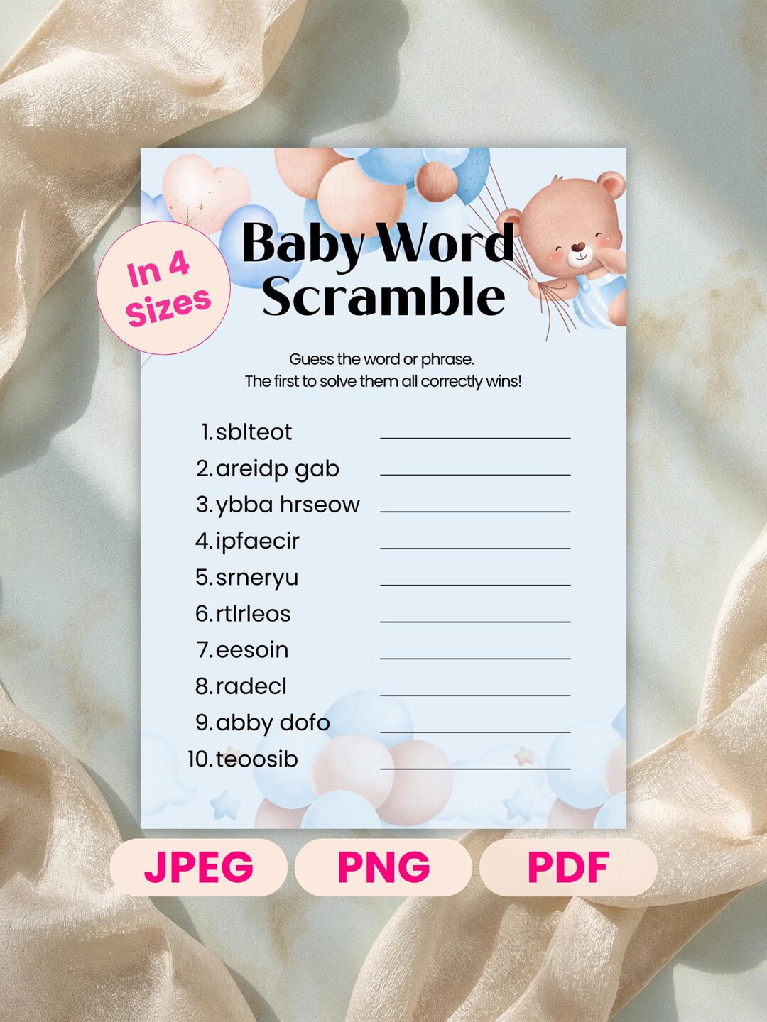 Printable Teddy Bear Baby Word Scramble Game Baby Shower Activity ...