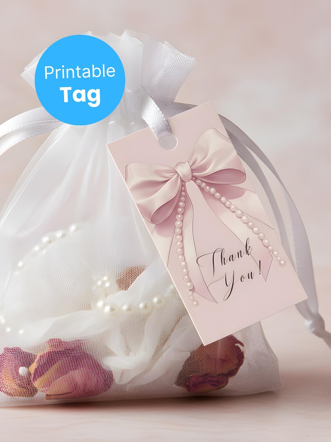 Printable Pink Coquette Bow & Pearls Thank You Tag Elegant Girly Gift ...
