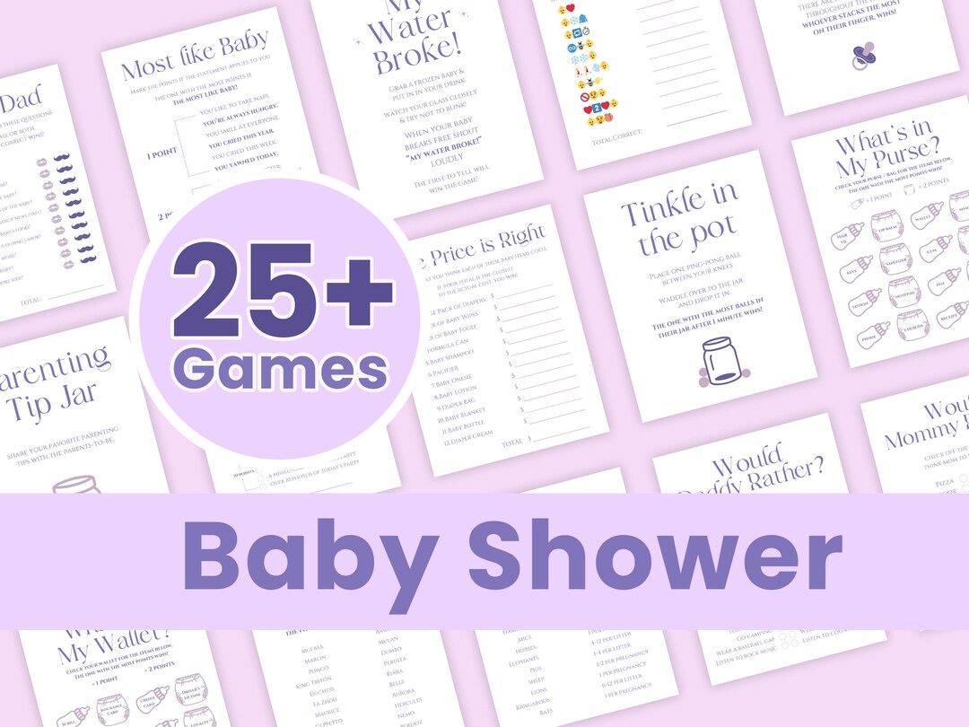 Purple Baby Shower Games Printable 30 Bundle in 2 Sizes Fun Printable ...