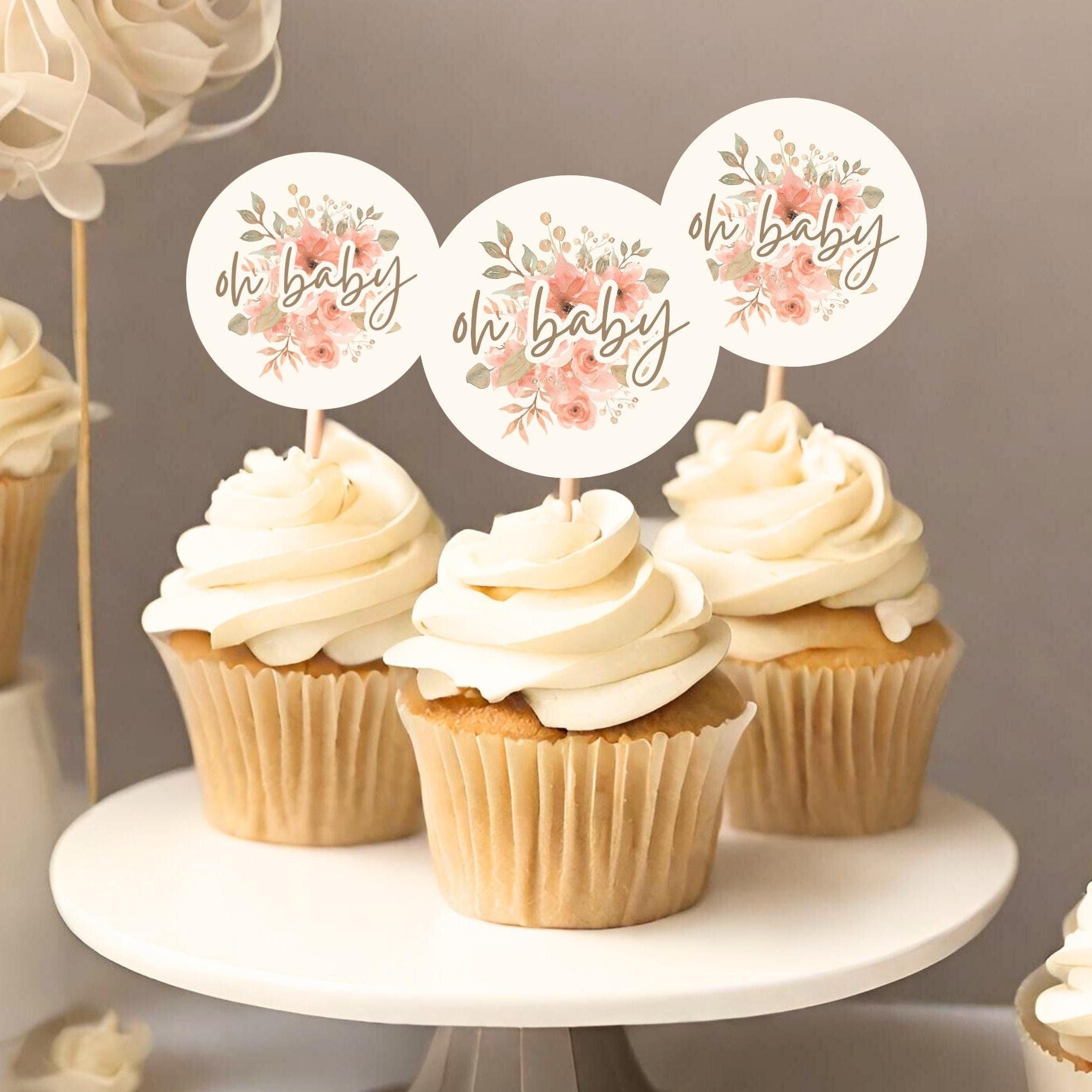 Floral Cupcake Topper Oh Baby Babyshower Decorations Flower Cup Cake ...
