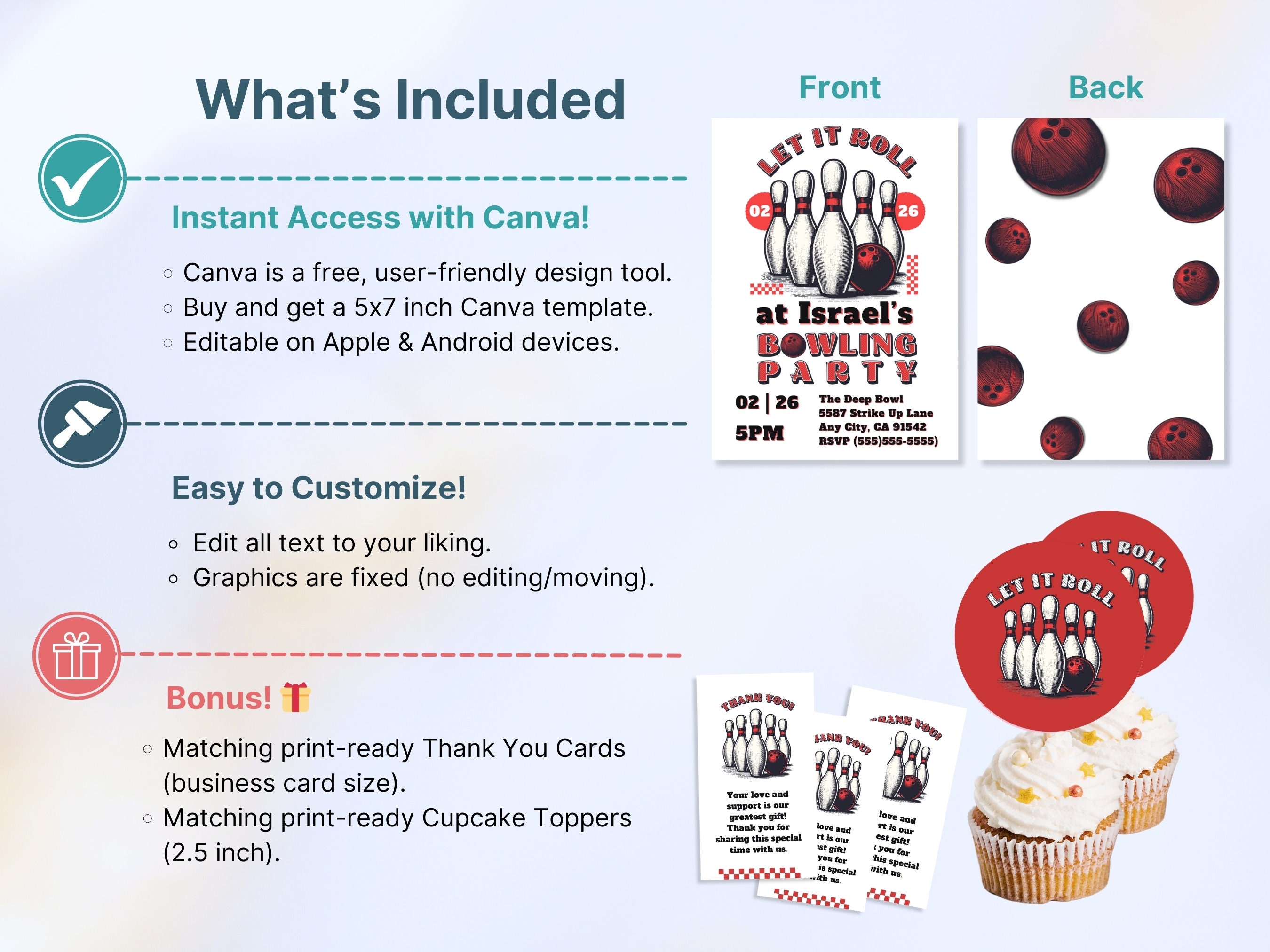 Editable Bowling Party Canva Template Printable Matching Cupcake ...