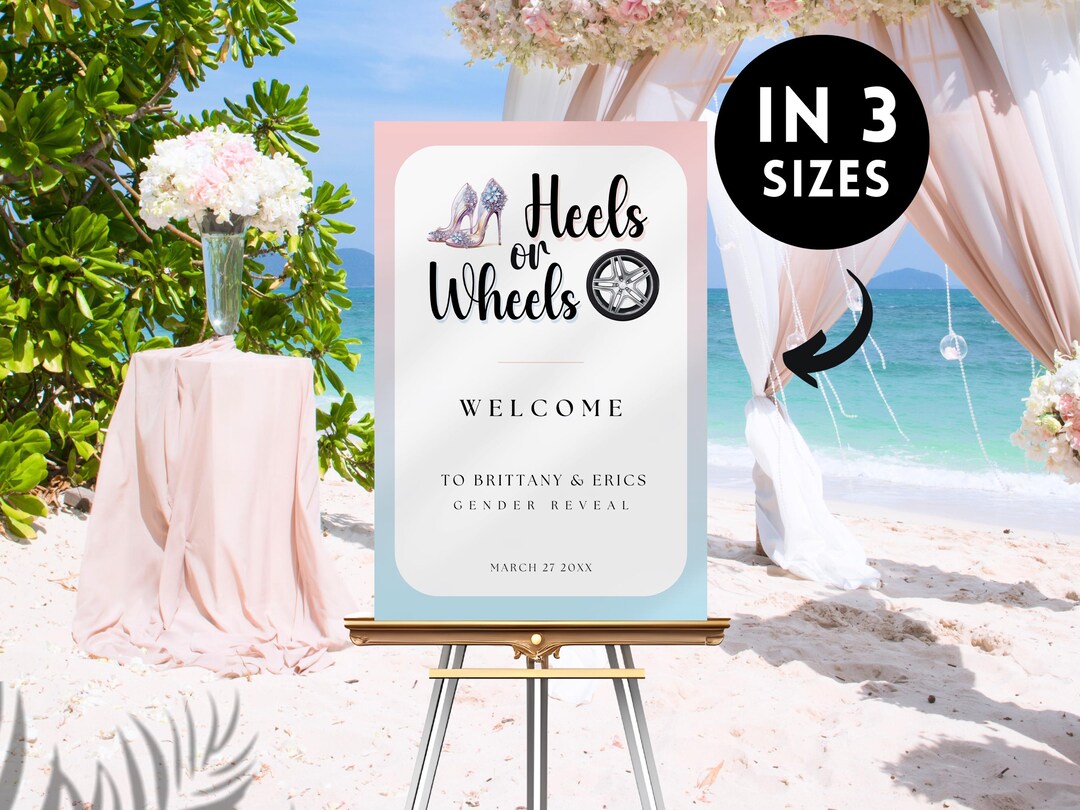 EDITABLE Wheels or Heels Gender Reveal Welcome Sign DIY Canva Template ...