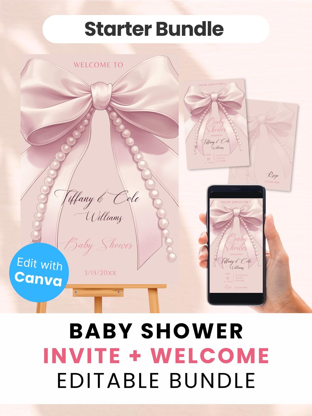 Baby Shower Bundle Pink Bow Invitation Evite Welcome Sign Editable ...