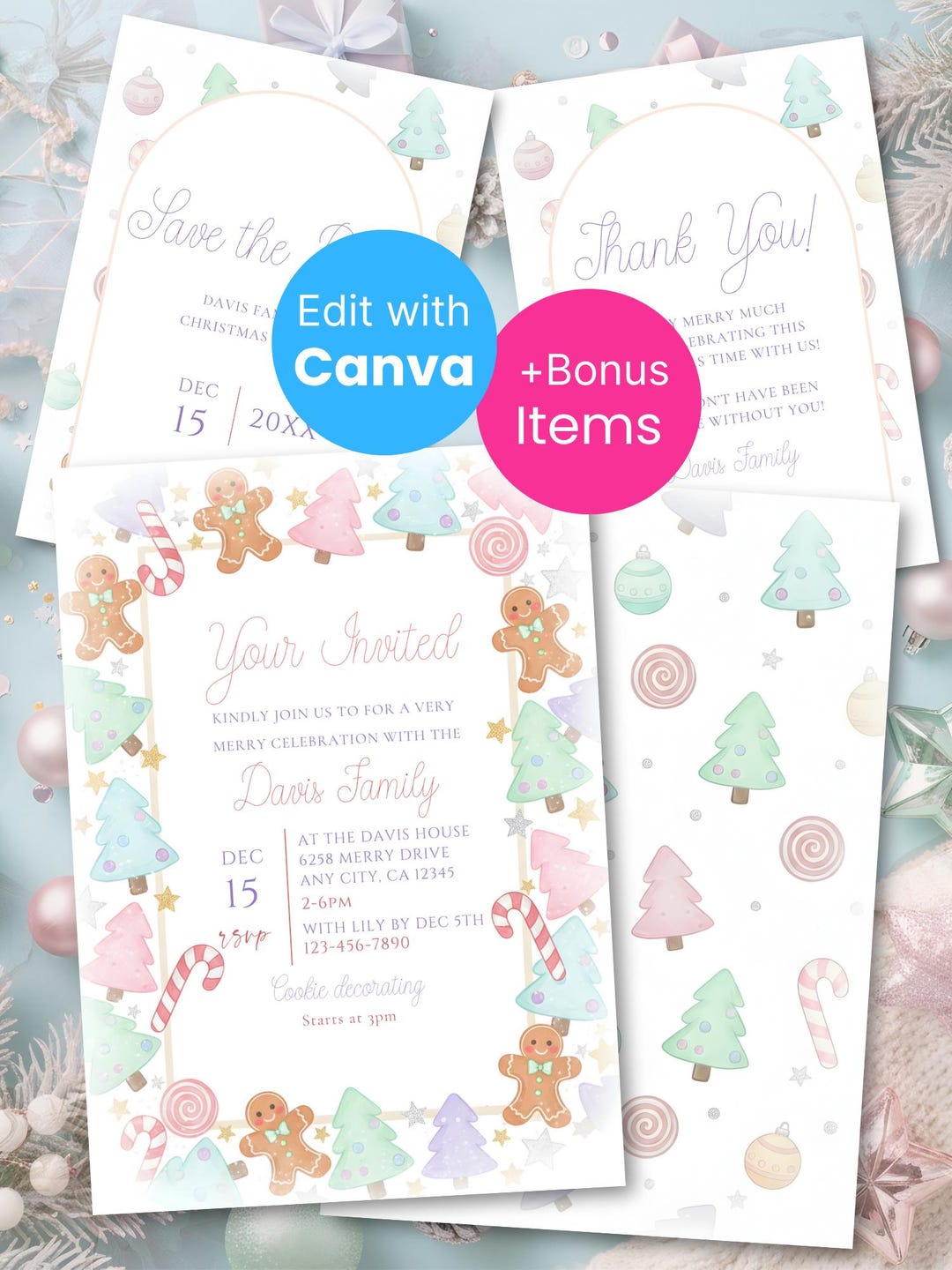 Pastel Gingerbread Man Christmas Invitation Printable Holiday Party ...