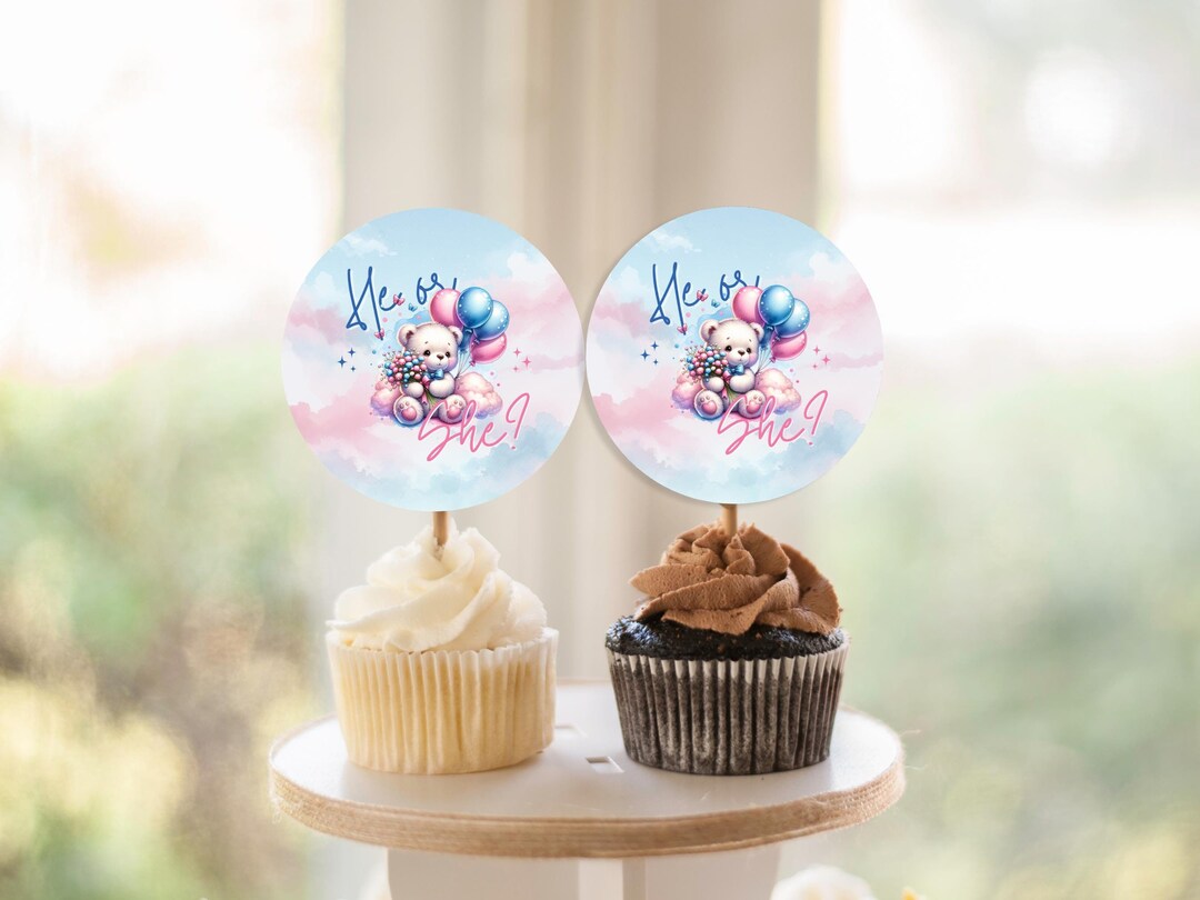 Printable Gender Reveal Cupcake Toppers Teddy Bear DIY He or She Gender ...