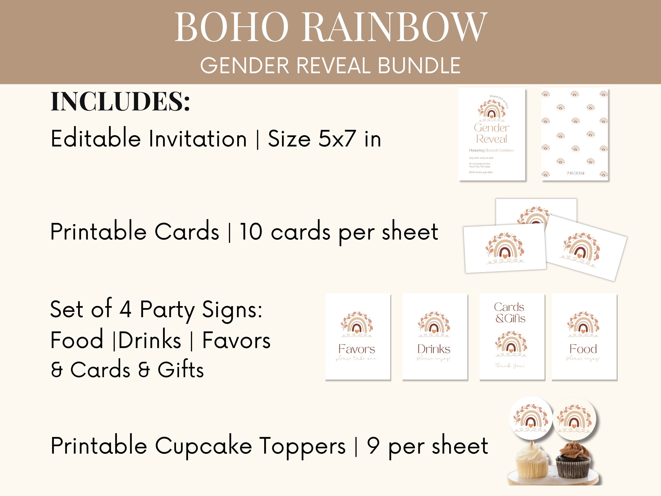 Boho Rainbow Gender Reveal Bundle Editable Invitation & Party Decor ...
