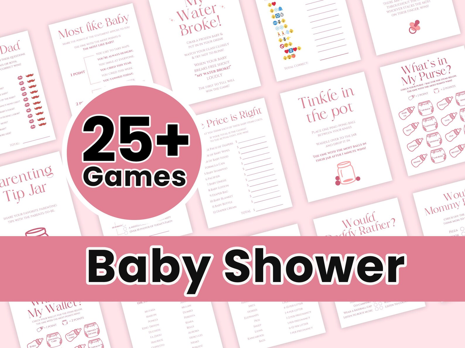 Pink Baby Shower Games Printable 30 Bundle in 2 Sizes Fun Printable ...
