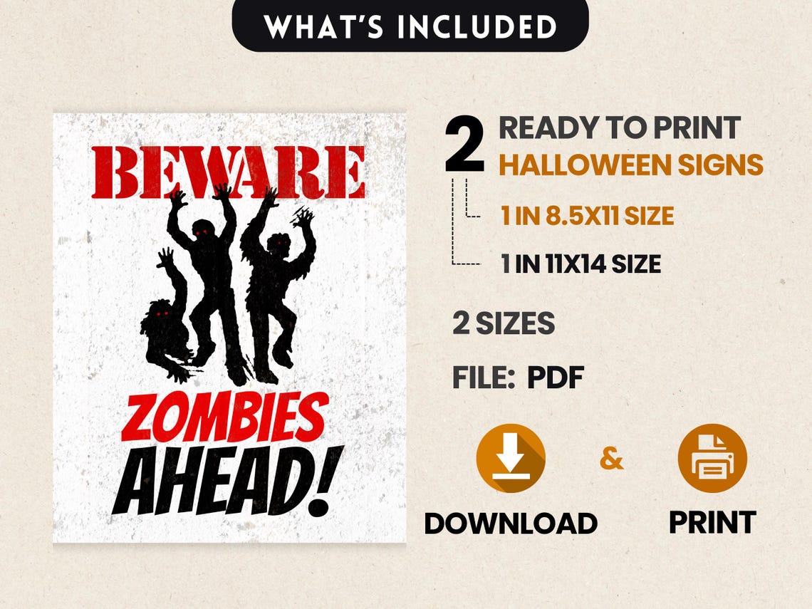 Beware Zombies Printable Sign for Halloween Decor Instant Download ...