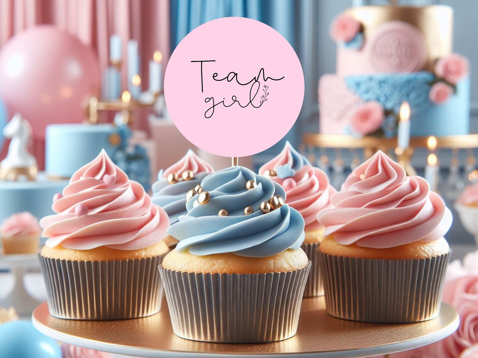Team Girl Team Boy DIY Baby Reveal Pink and Blue Cupcake Toppers for ...