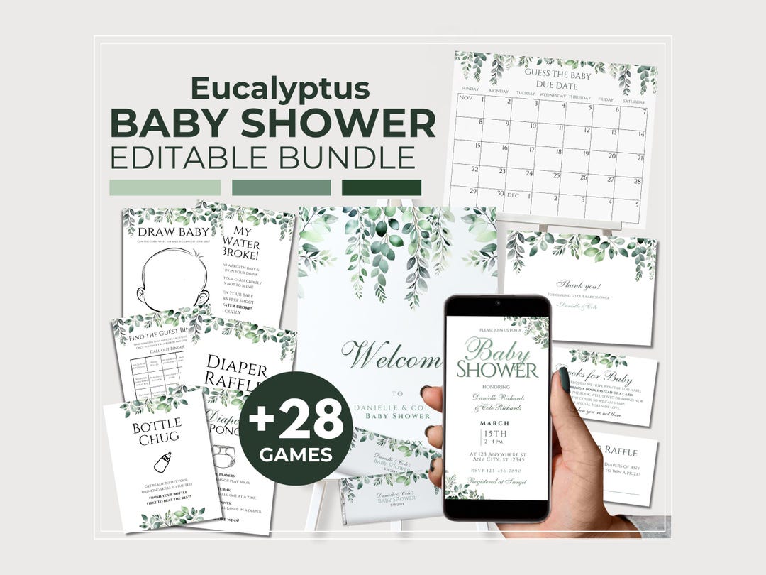 Editable Eucalyptus Baby Shower Bundle Printable 20+ Items Complete ...