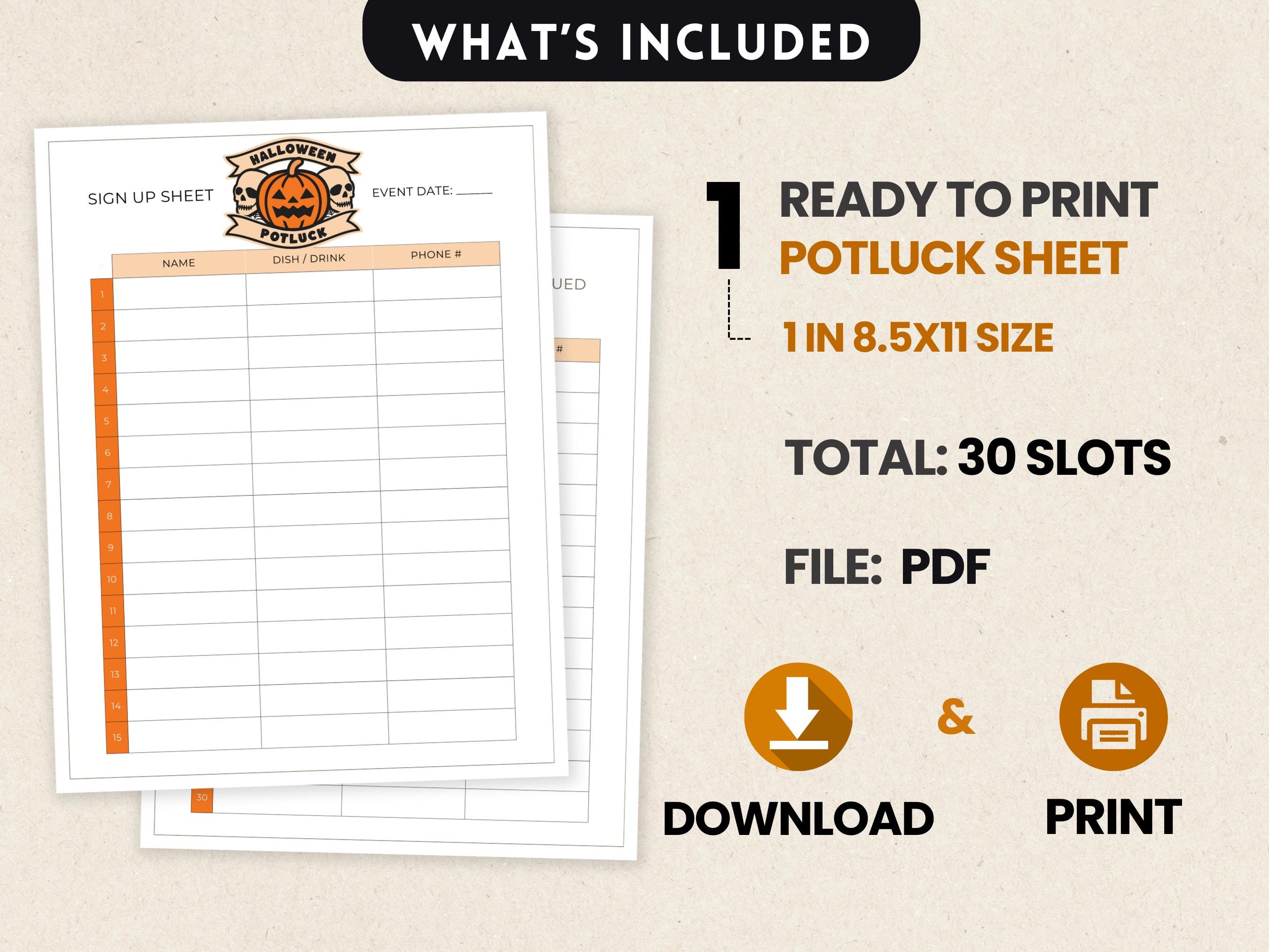 Halloween Potluck Sign up Sheet Printable Spooky Sign-up Sheet ...
