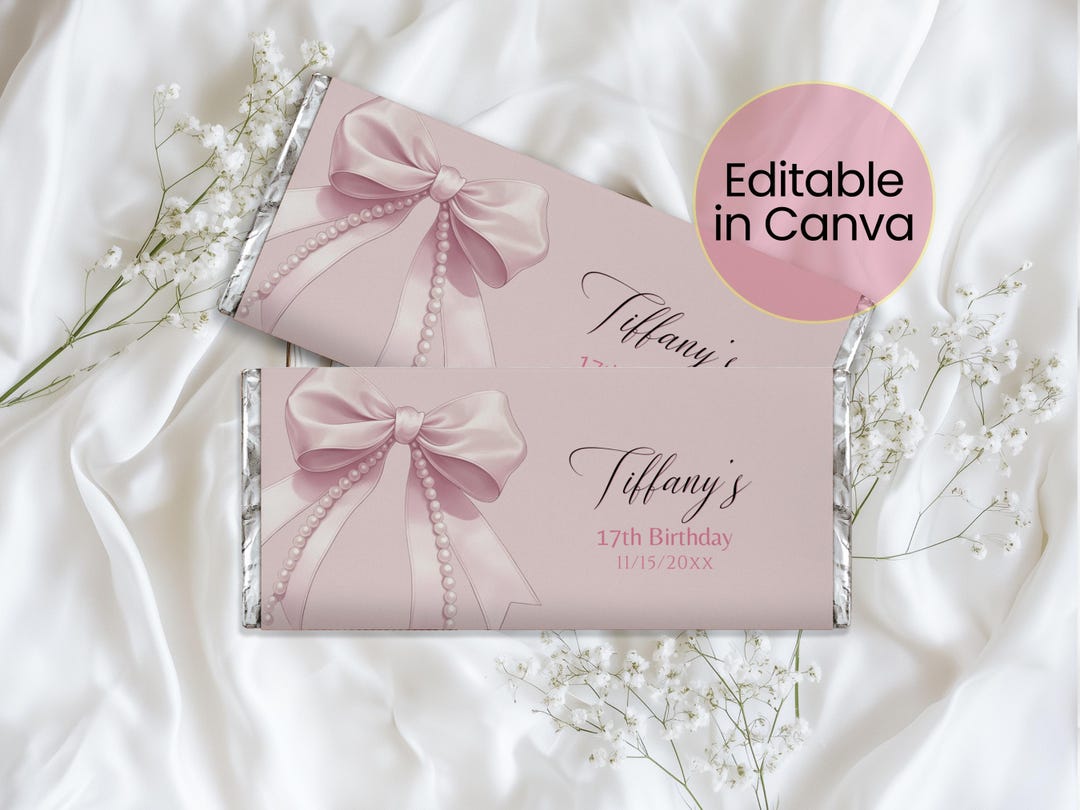 Pink Bow Candy Bar Label Canva Template Editable Coquette Birthday ...