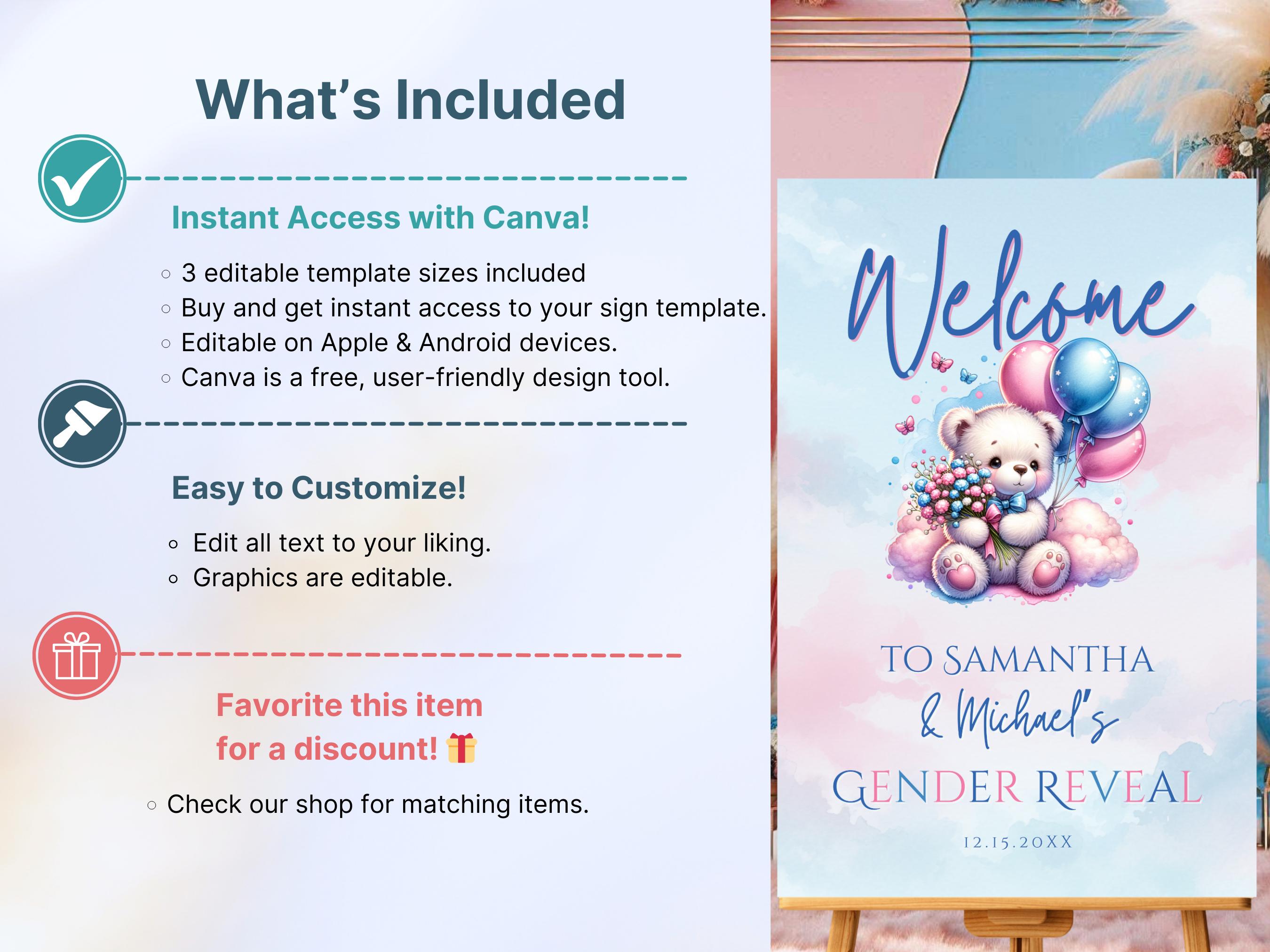 Editable Teddy Gender Reveal Welcome Sign He or She Theme Event ...