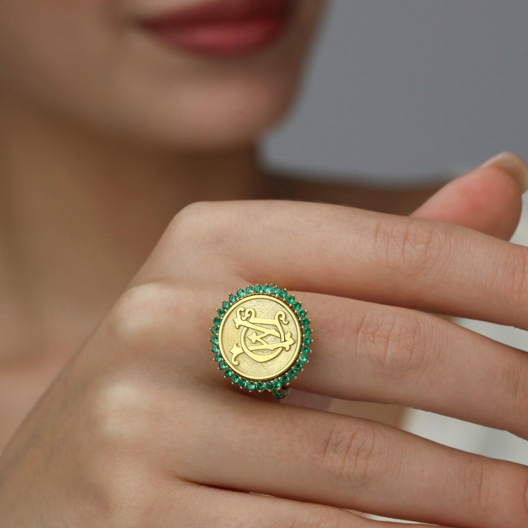 Gold Handcrafted Monogram Ring, Family Crest Ring With Green Stone ...