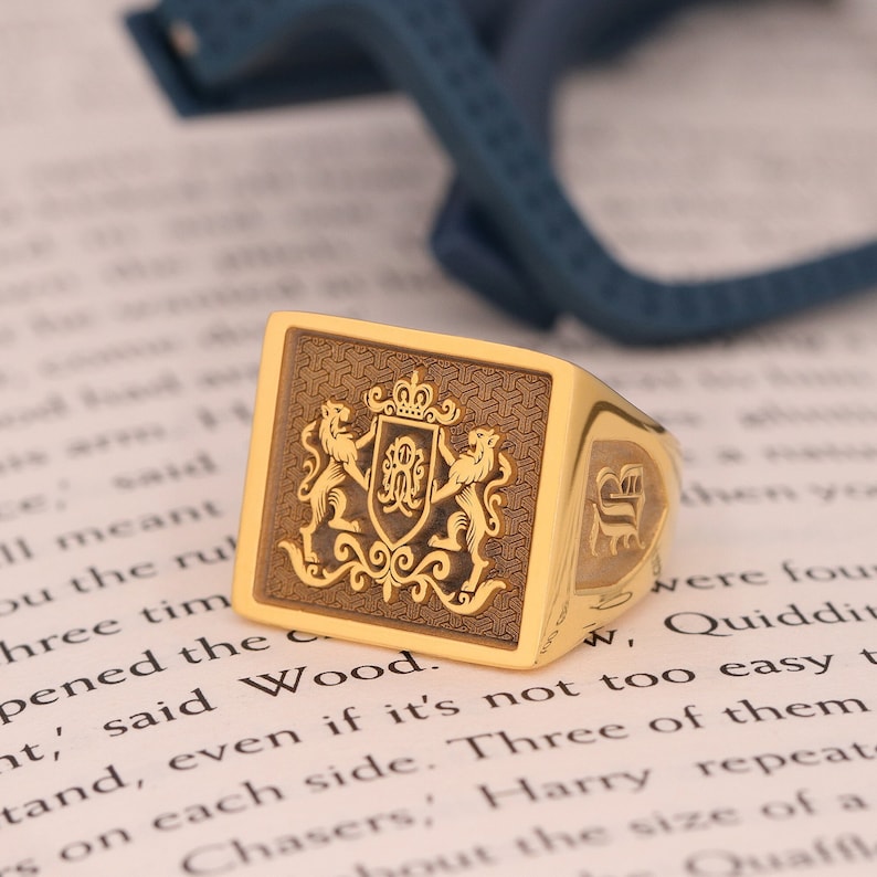 Custom Family Crest Signet Ring, Gold Plated Coat of Arms Ring ...
