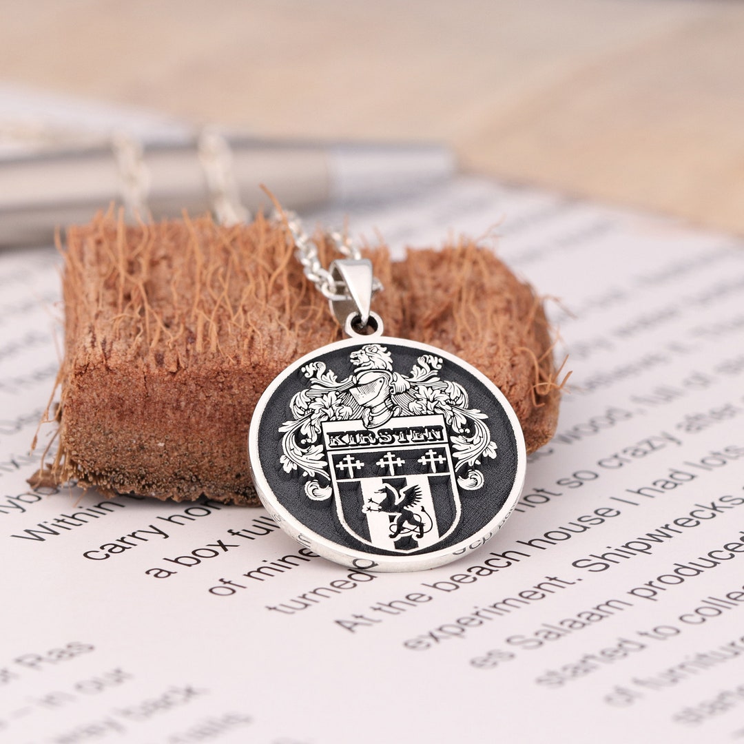 Sterling Silver Engraved Family Crest Necklace, Custom Coat of Arms ...