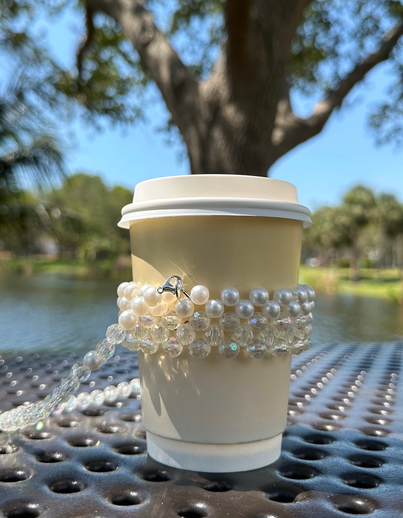 Beaded Cup Holder With Strap and Free Name Keychain, Iridescent Pearl ...