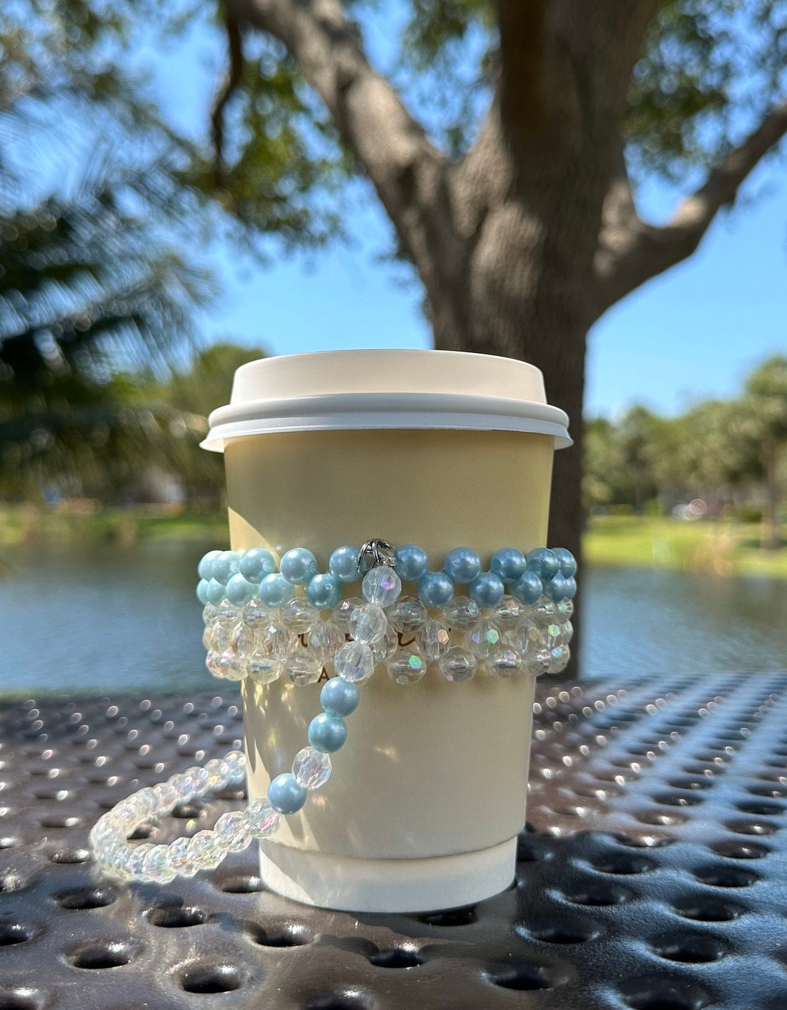 Beaded Cup Holder With Strap and Free Name Keychain, Iridescent Pearl ...