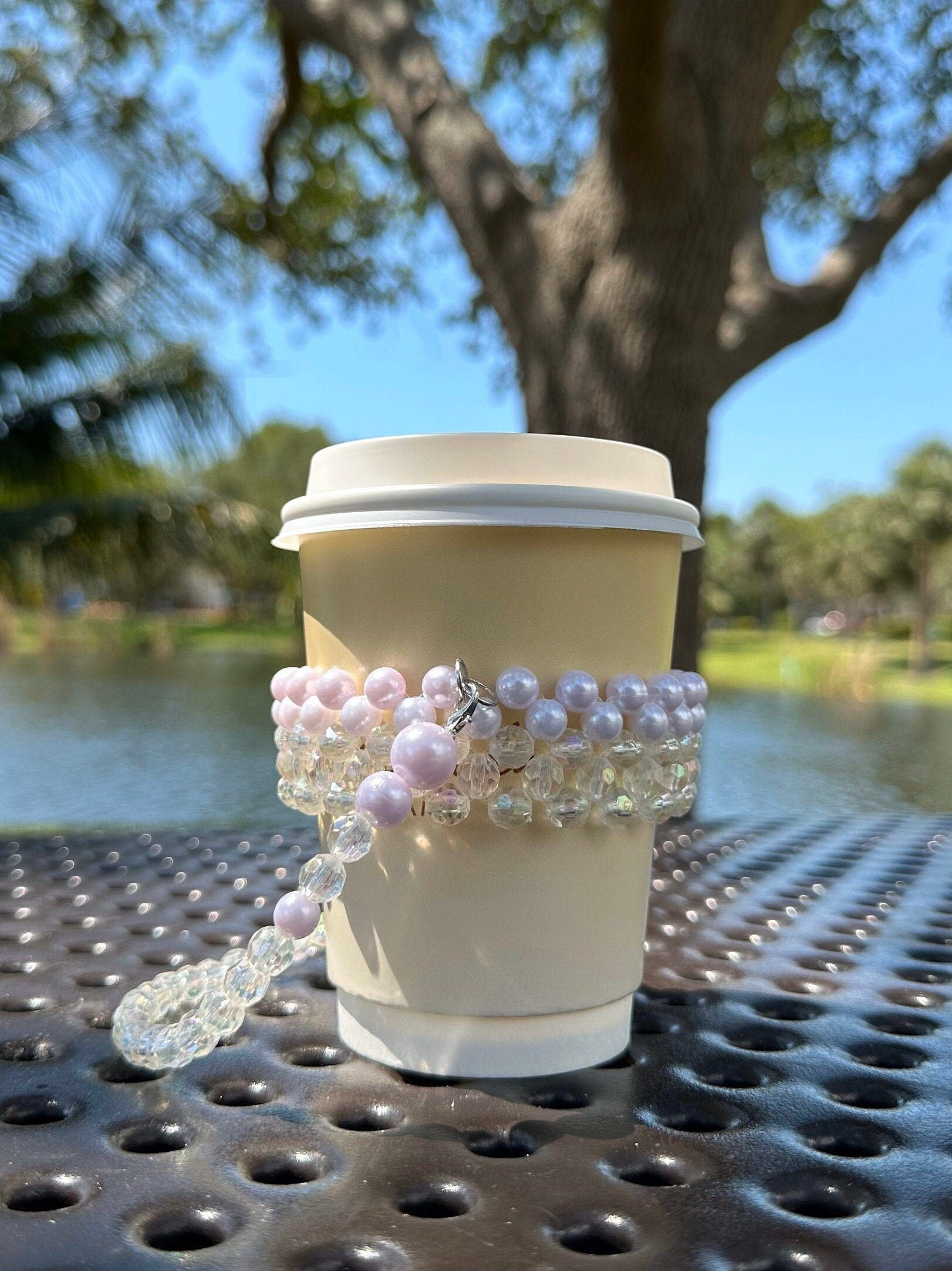 Beaded Cup Holder With Strap and Free Name Keychain, Iridescent Pearl ...