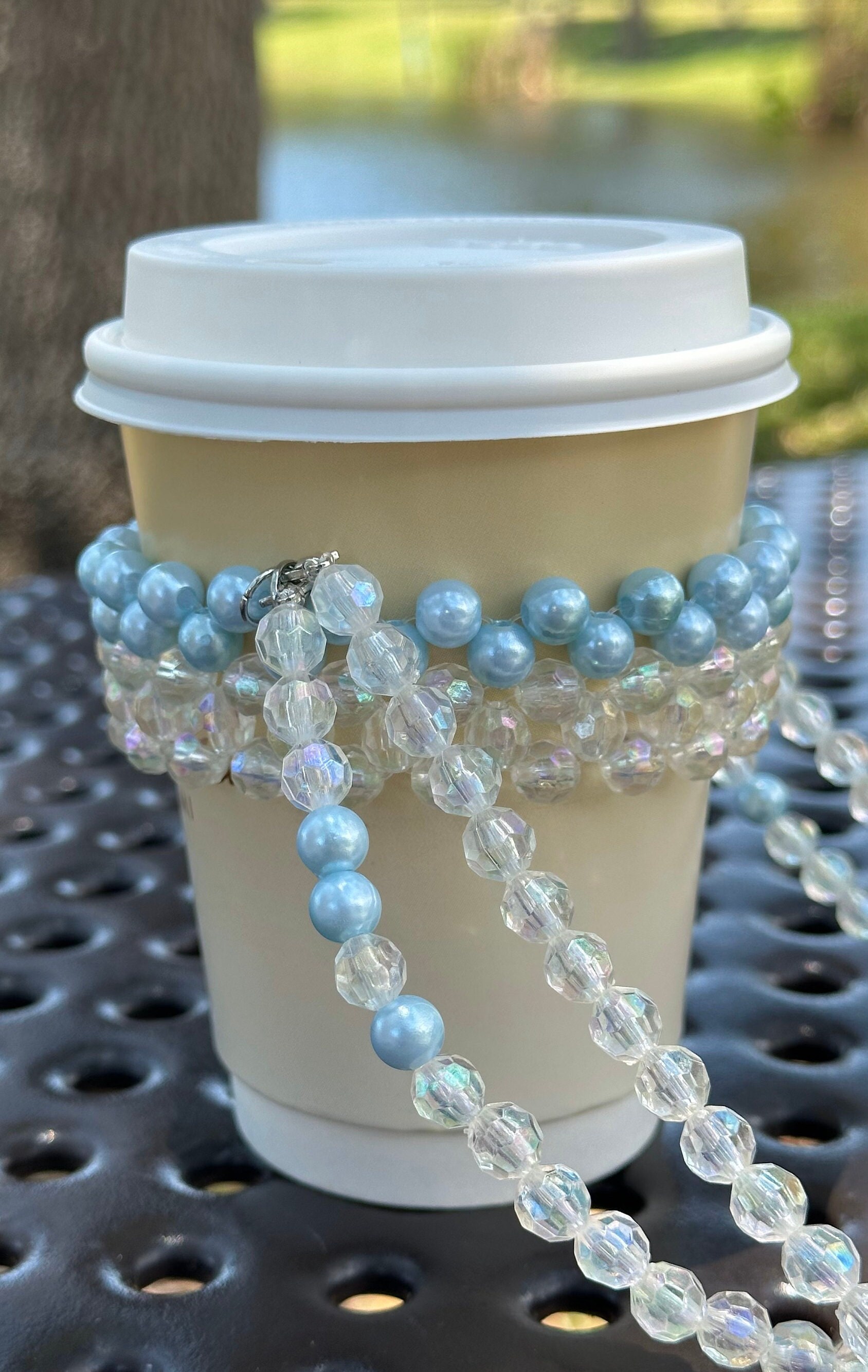 Beaded Cup Holder With Strap and Free Name Keychain, Iridescent Pearl ...