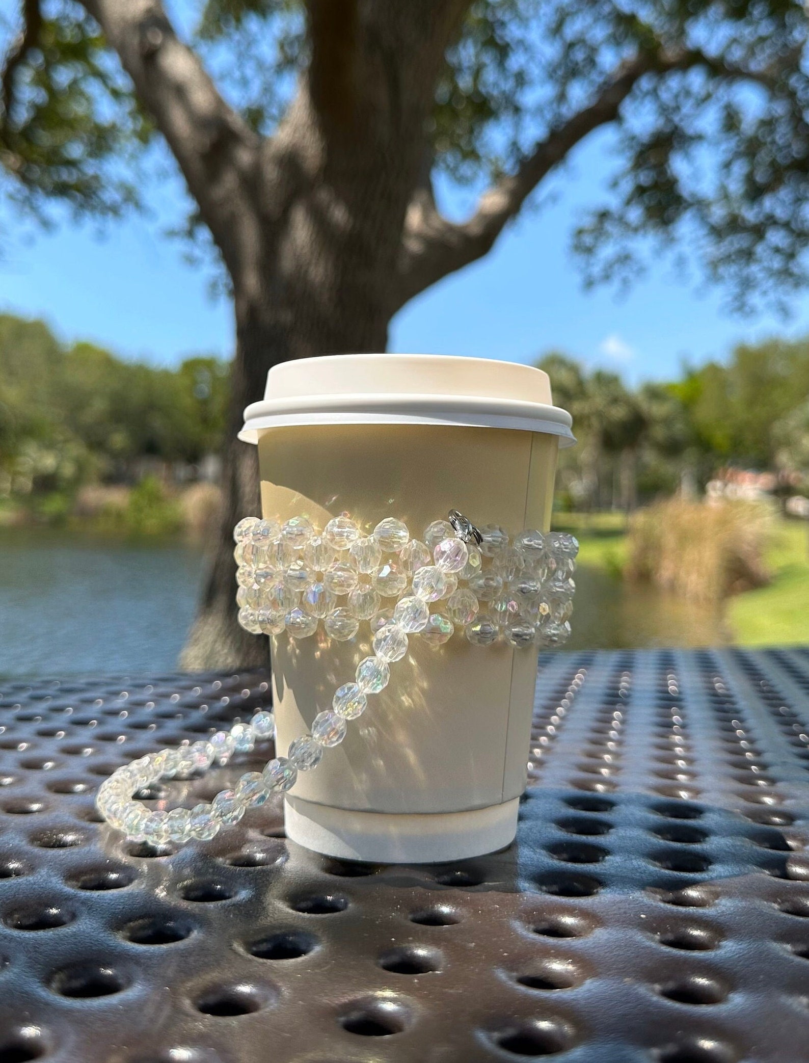 Beaded Cup Holder With Strap and Free Name Keychain, Iridescent Pearl ...